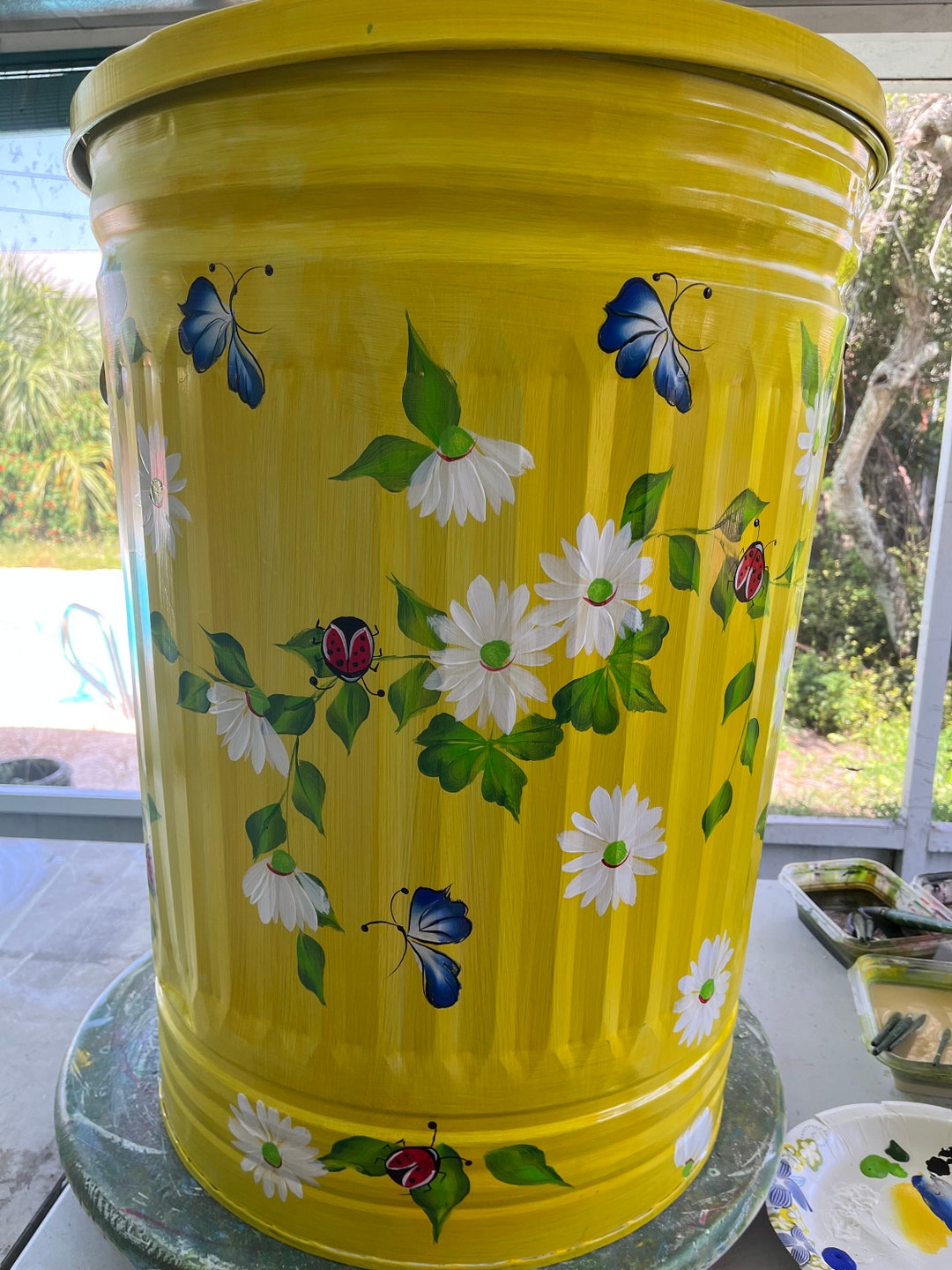 Hand Painted Trash Can - 30 Gallon Bright Yellow Daisy, Greenery ...
