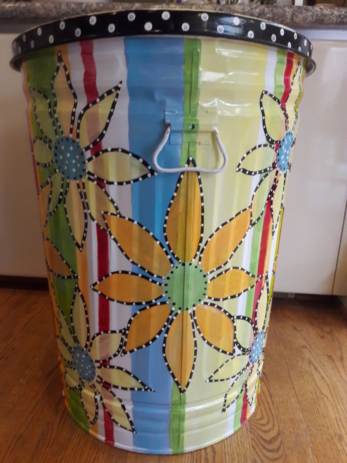 Hand Painted Trash/garbage Can - 30 Gallon Multi Stripped With Large ...
