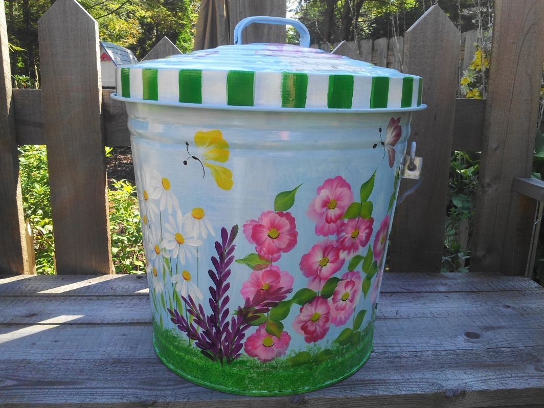 Hand Painted Trash/garbage Can - 6 Gallon Garden, Colorful Butterflies ...