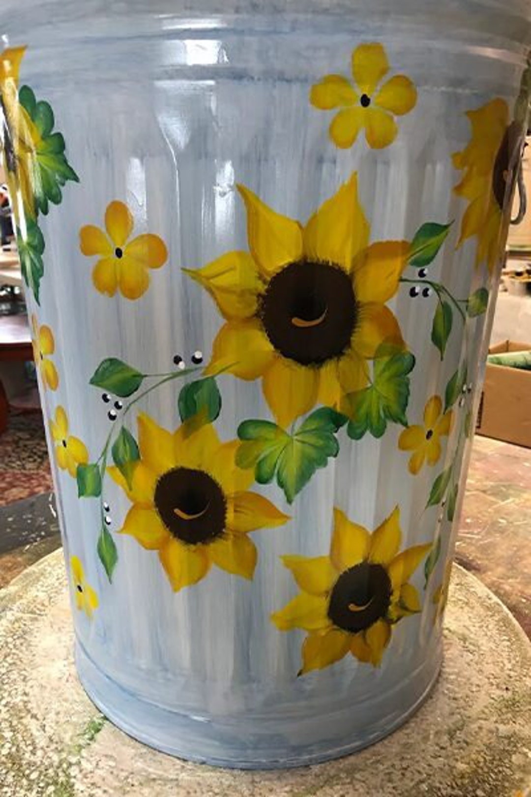 Hand Painted Trash/garbage Can - 20 Gallon Light Blue Wash With ...