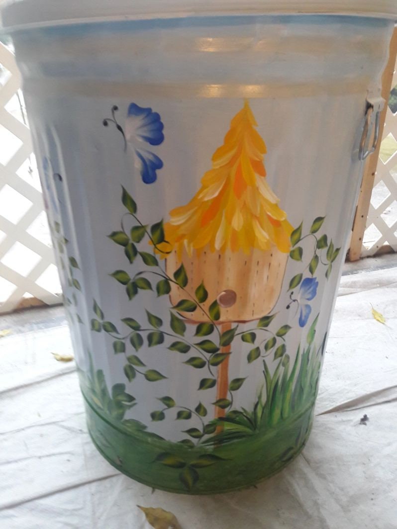 Hand Painted Trash/garbage Can 30 Gallon Frogs and Birdhouses ...