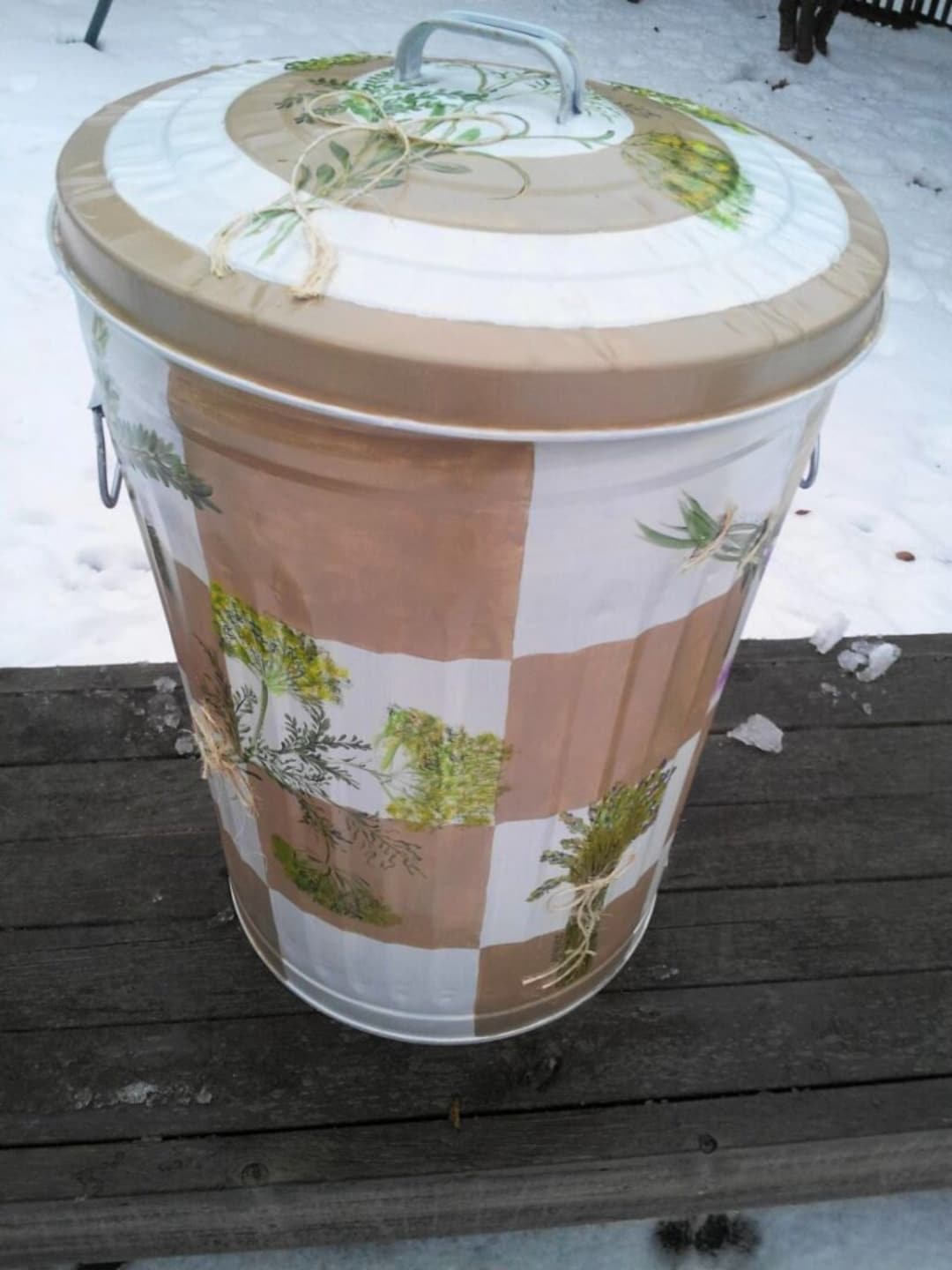 Hand Painted Trash/garbage Can - 20 Gallon Dark Linen & White Large ...