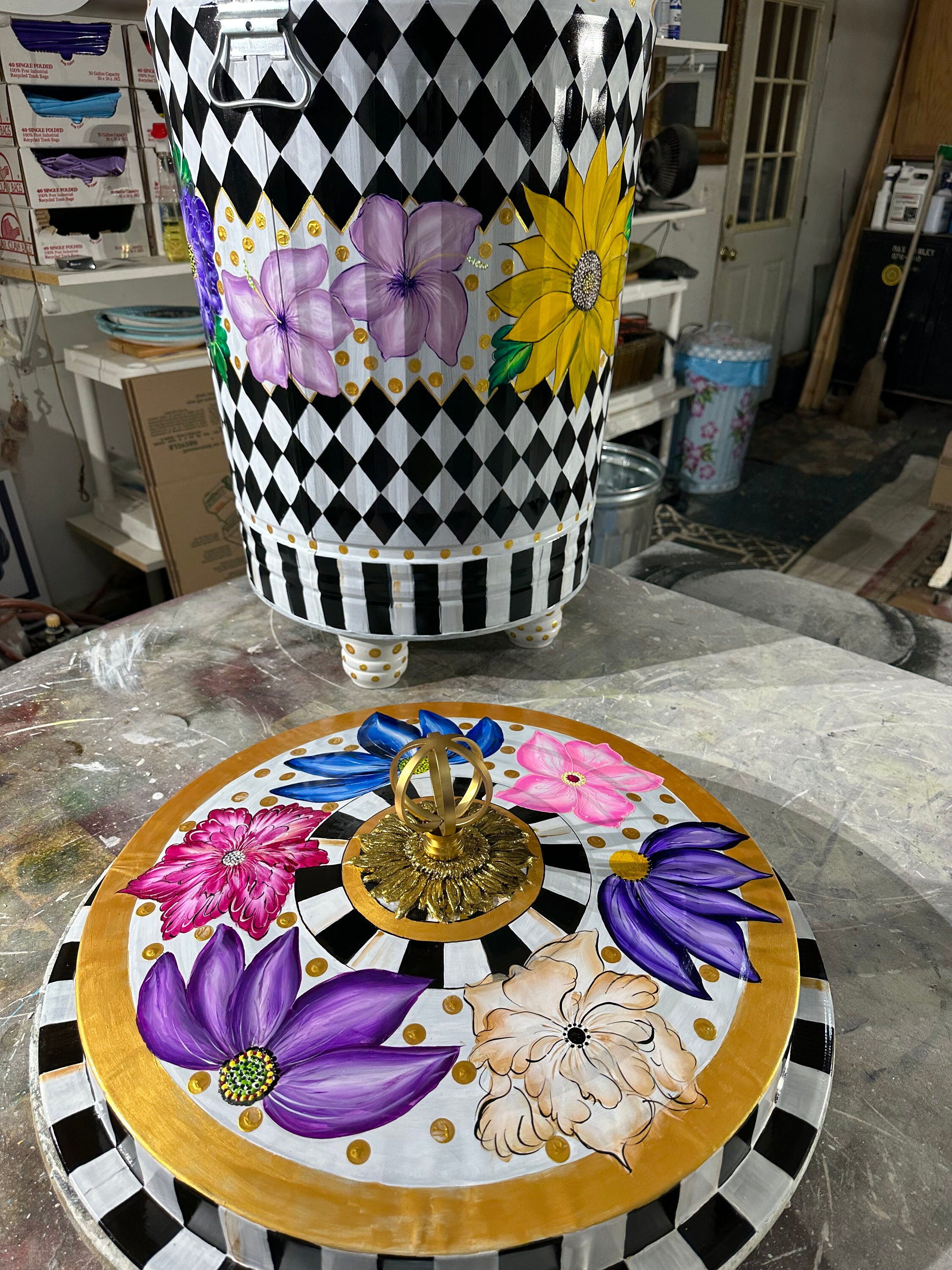 Hand Painted Trash Can - 30 Gallon - Multi Pattern/floral - Barrel Legs ...