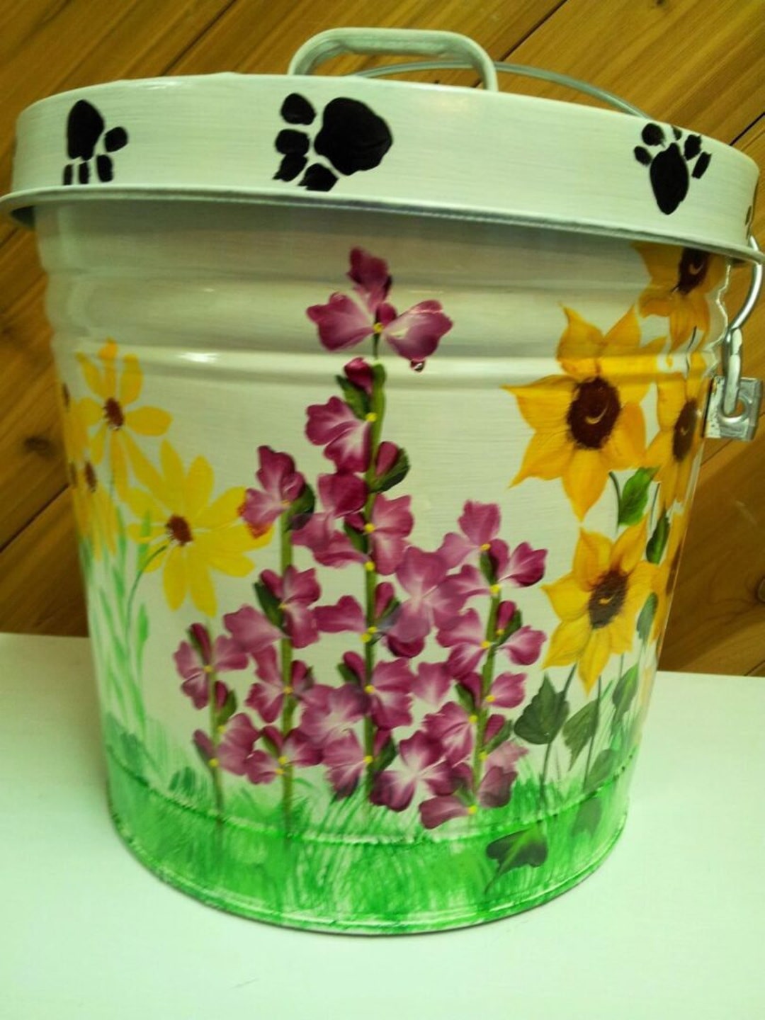 Hand Painted Trash/garbage Can - 10 Gallon Light Blue Wash W/floral ...