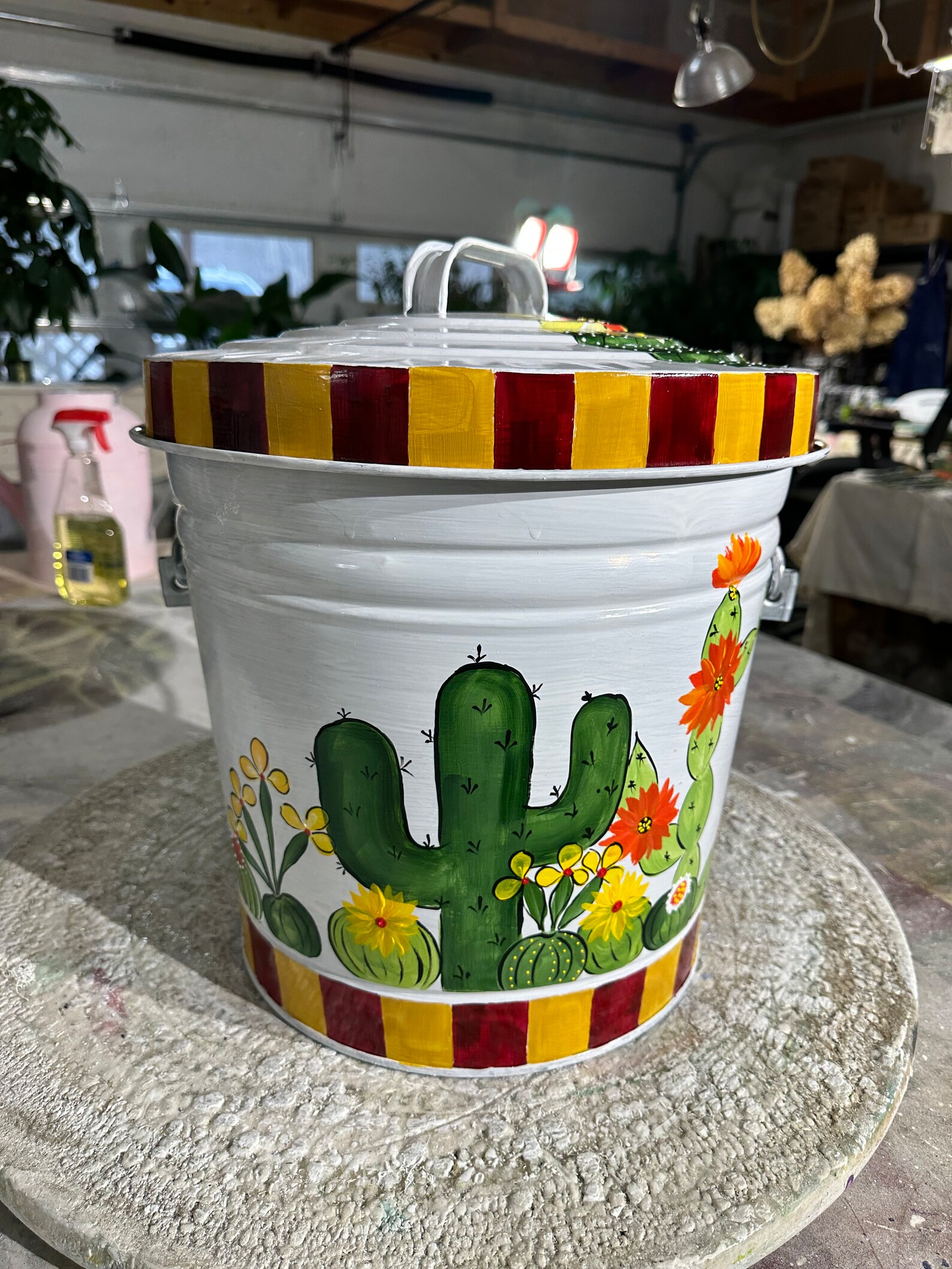 6 Gallon Hand Painted Can - Cactus, Orange/yellow Flowers - Etsy