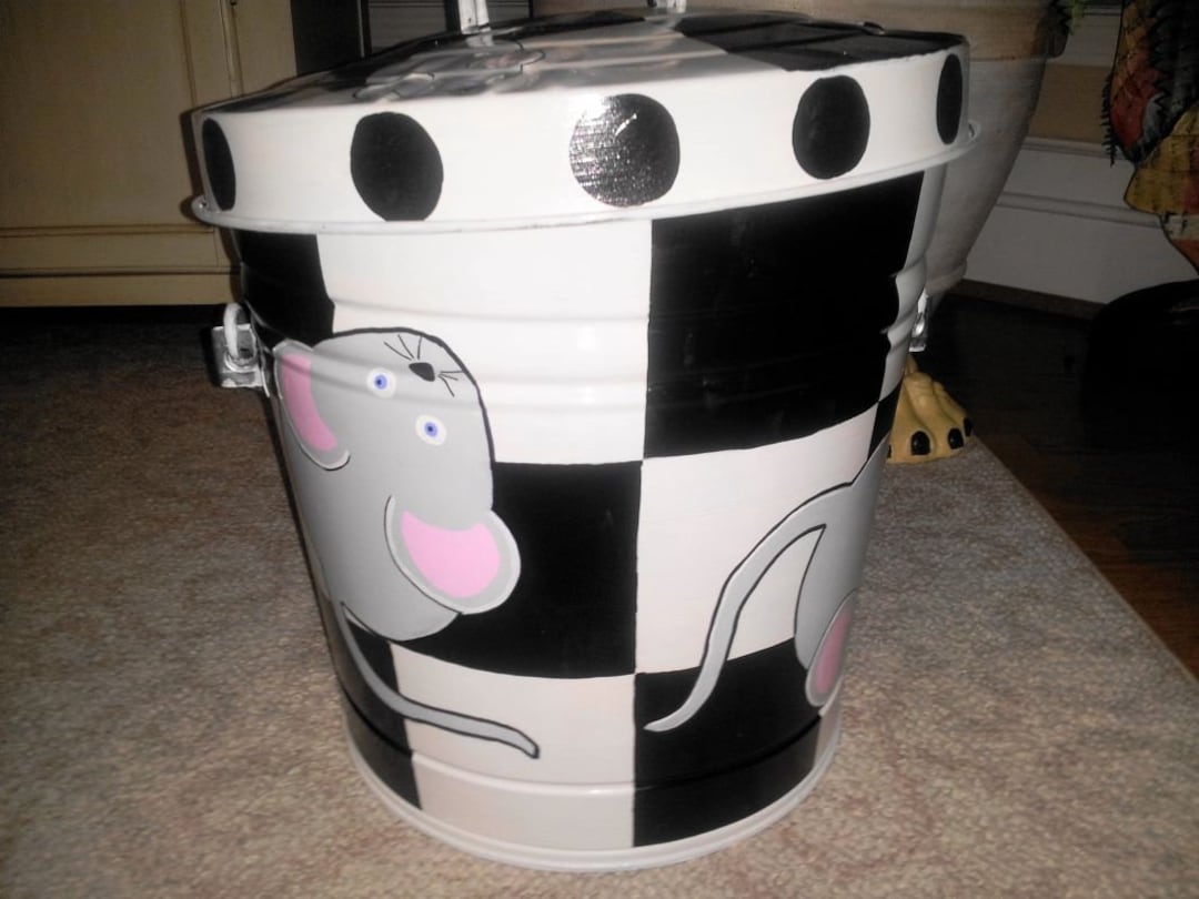 Hand Painted Trash/garbage Can - 6 Gallon Large Black & White Check ...