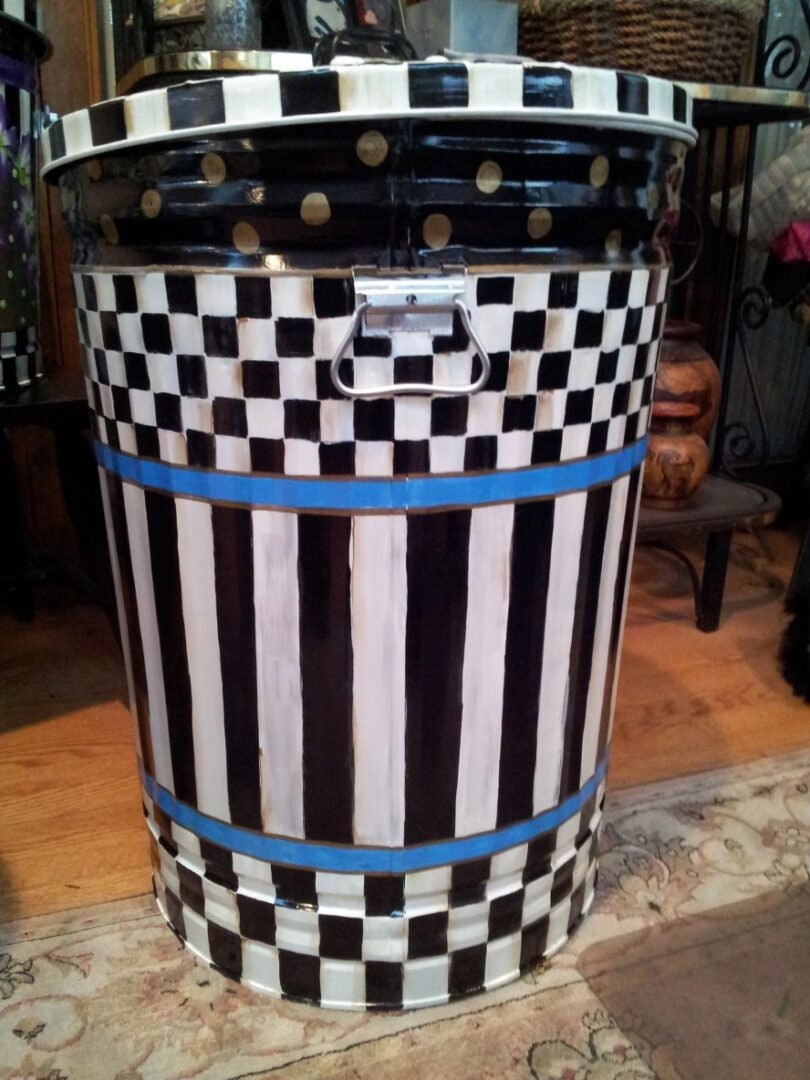 Hand Painted Trash/garbage Can 30 Gallon Black/white Check and Stripe ...
