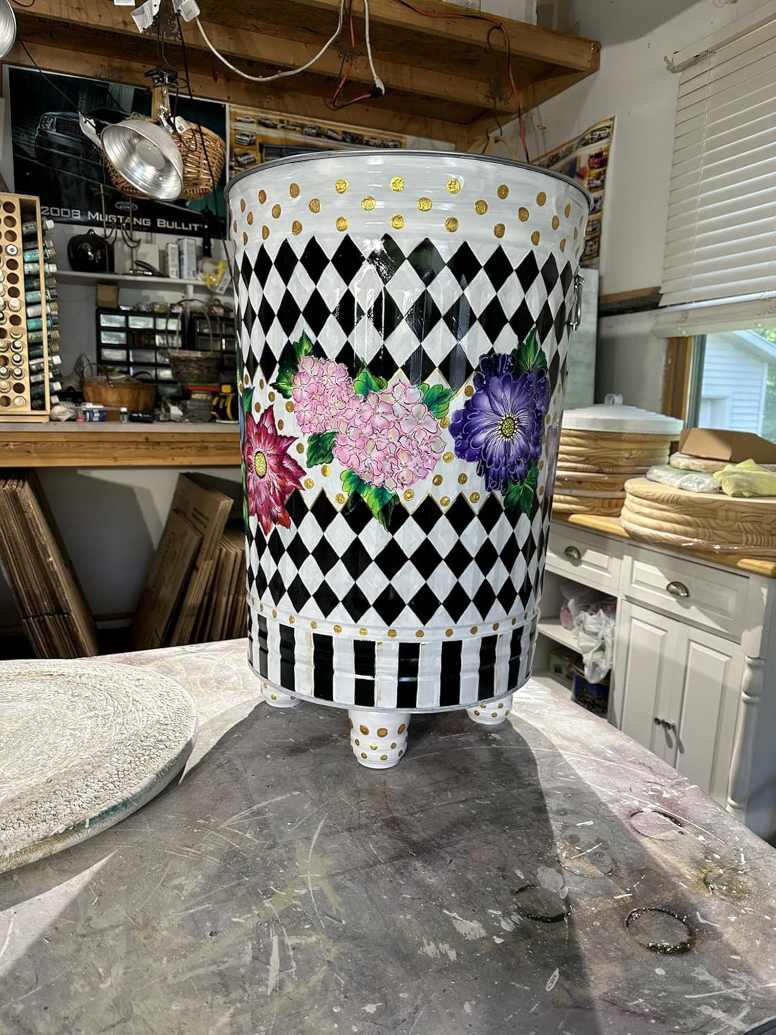Hand Painted Trash Can 30 Gallon Harlequin Floral W/legs and Sphere ...