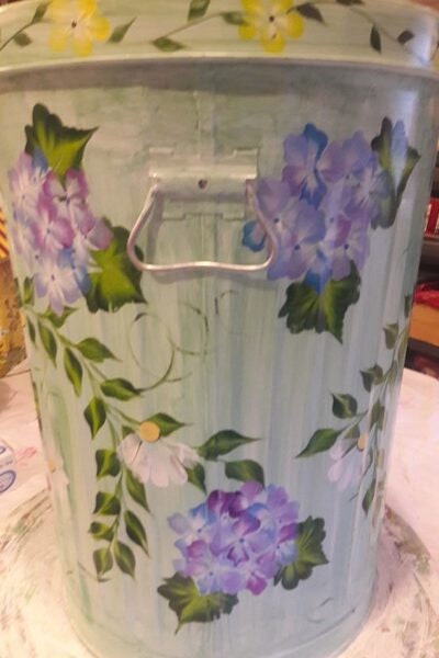 Hand Painted Trash/garbage Can - 20 Gallon Light Green Wash, Lavender ...