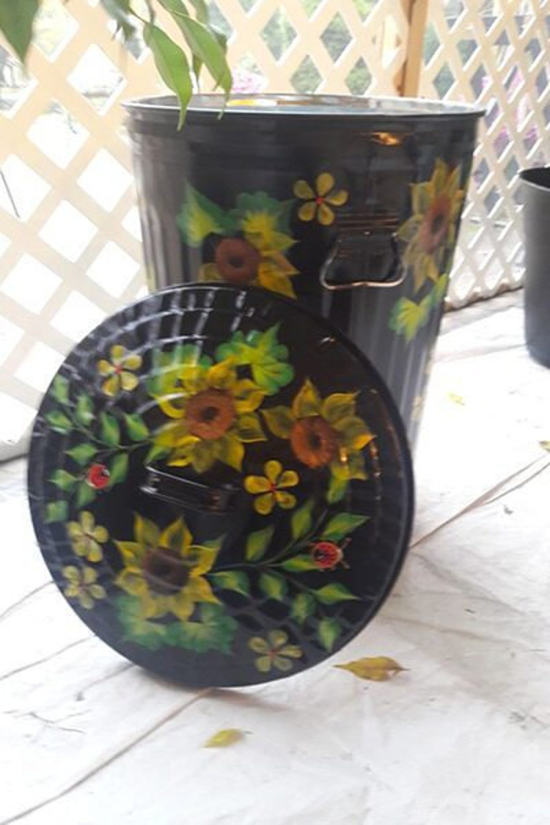 Hand Painted Trash/garbage Can - 20 Gallon Pure Black Wash, Sunflowers ...