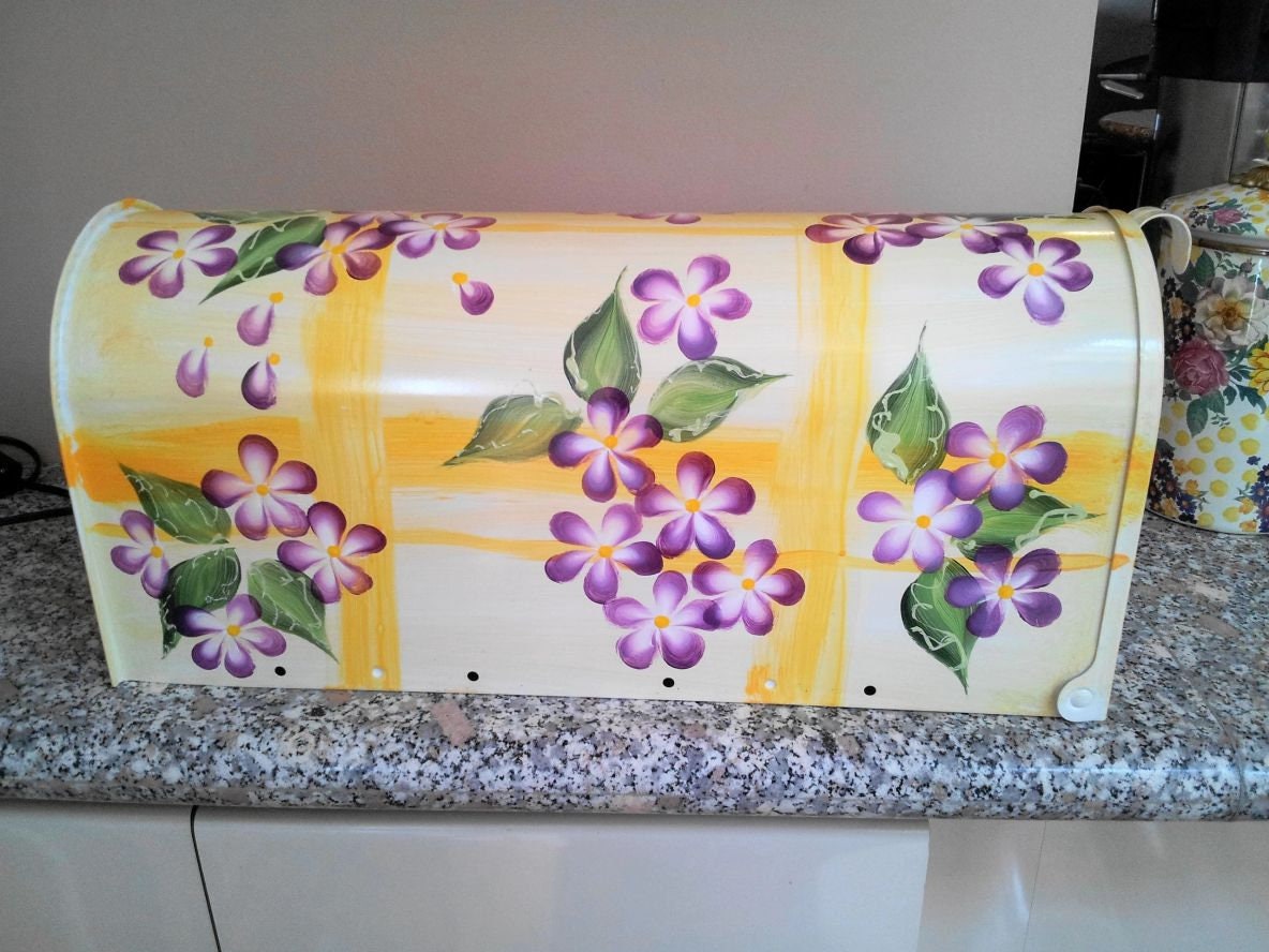 Hand Painted Mailbox Yellow Wash W/bright Grid, Purple Primrose ...