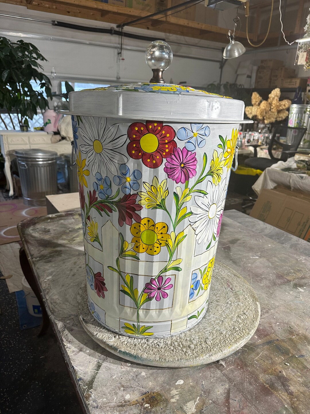 Hand Painted Trash/garbage Can - 20 Gallon- Floral, Picket Fence, Glass ...