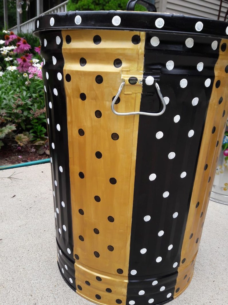 Hand Painted Trash/garbage Can - 30 Gallon Black and Gold Stripe W ...