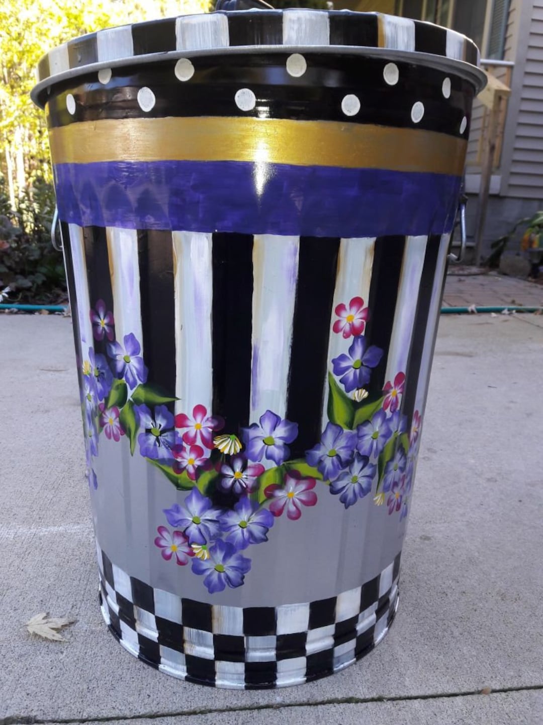 Hand Painted Floral Trash Can: Black, Cream, & Gold - 30 Gallon - Etsy