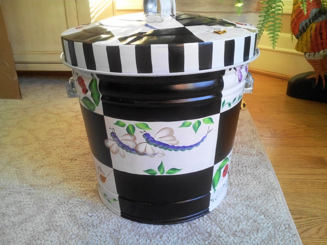 Hand Painted Trash/garbage Can - 6 Gallon Large Black & White Check ...
