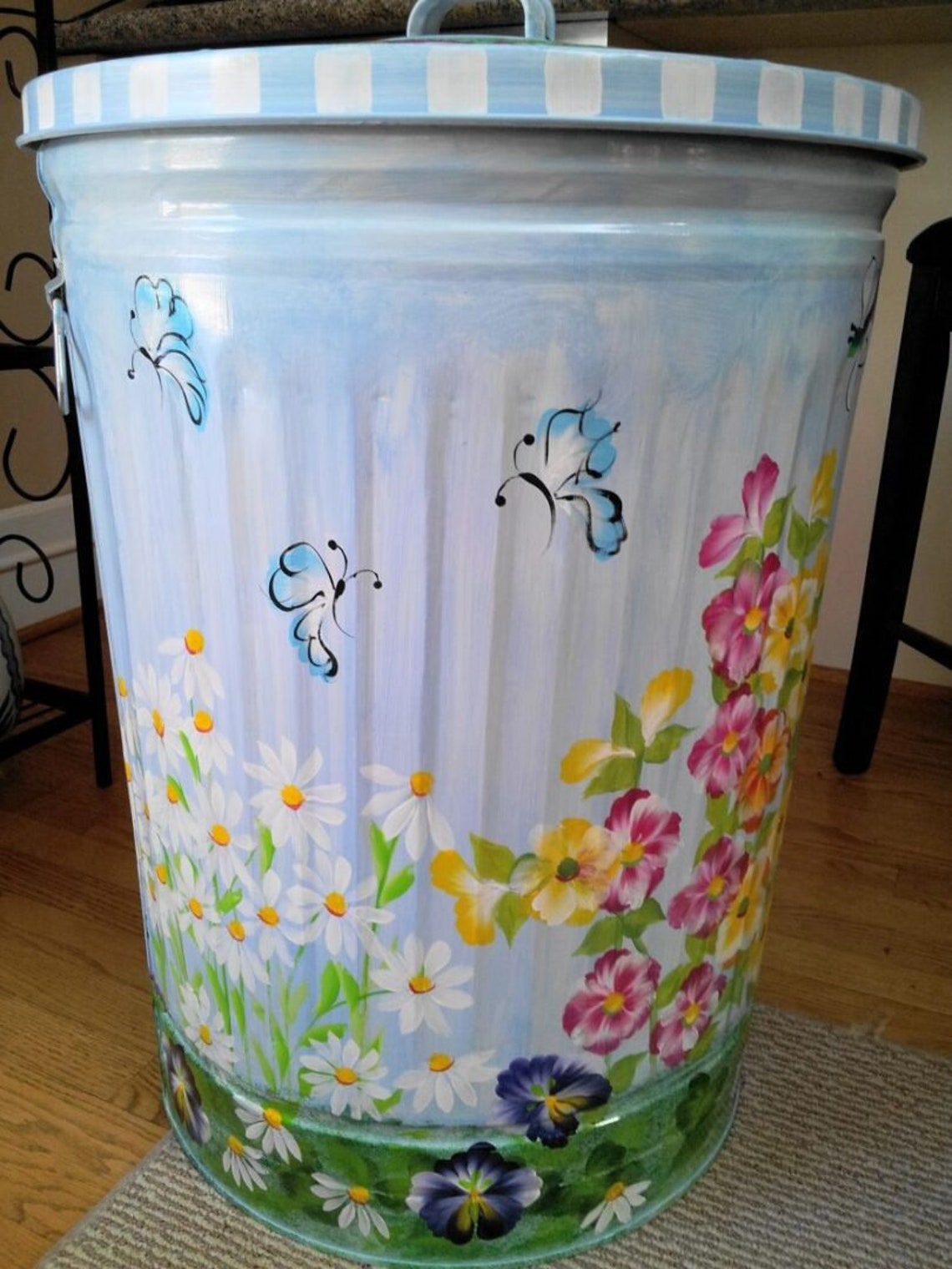Hand Painted Trash/garbage Can - 30 Gallon Flower Garden, Welcome Sign ...
