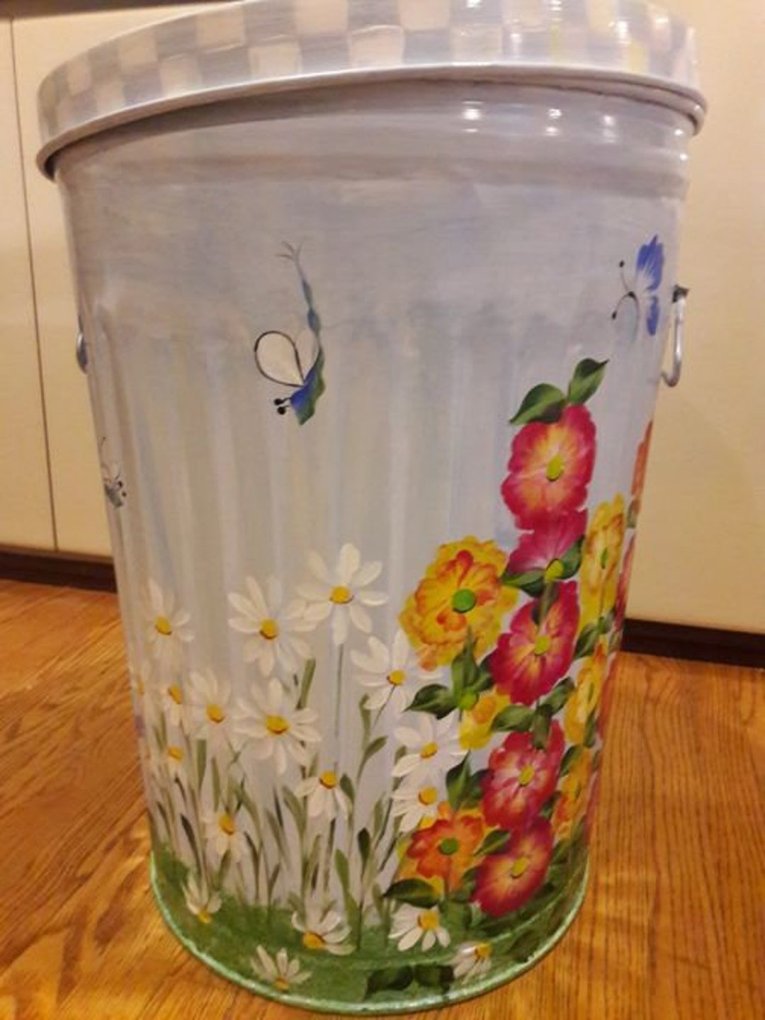 Hand Painted Trash/garbage Can - 20 Gallon Light Blue With Floral ...