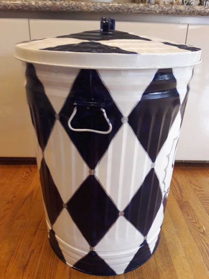 Hand Painted Trash/garbage Can - 30 Gallon Navy and White Harlequin ...