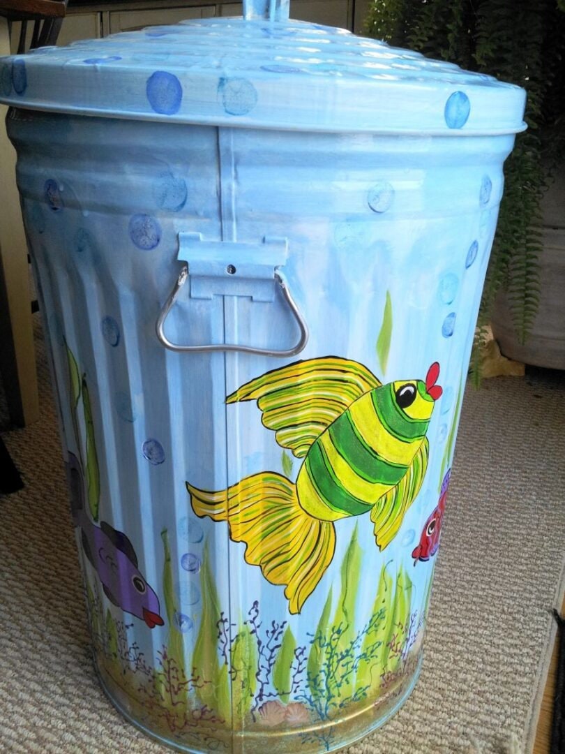 Hand Painted Trash/garbage Can - 20 Gallon Ocean Floor and Colorful ...