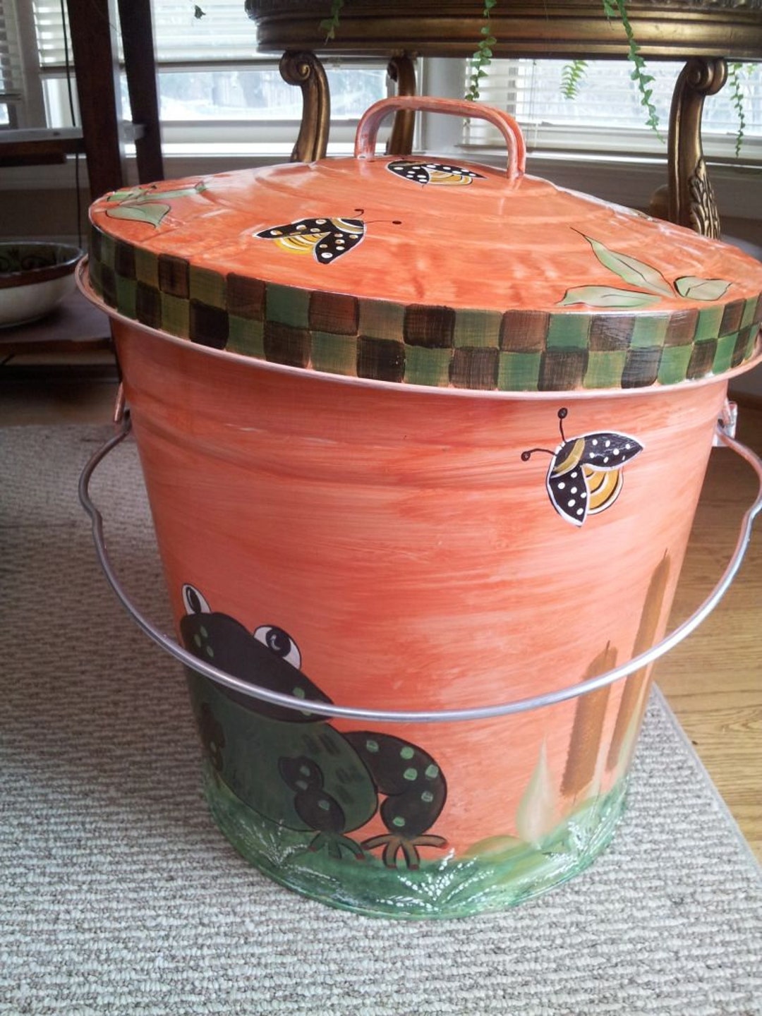 Hand Painted Trash/garbage Can - 10 Gallon Brick Colored W/frogs, Cat ...