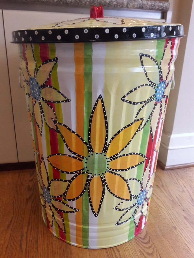 Hand Painted Trash/garbage Can - 30 Gallon Multi Stripped With Large ...
