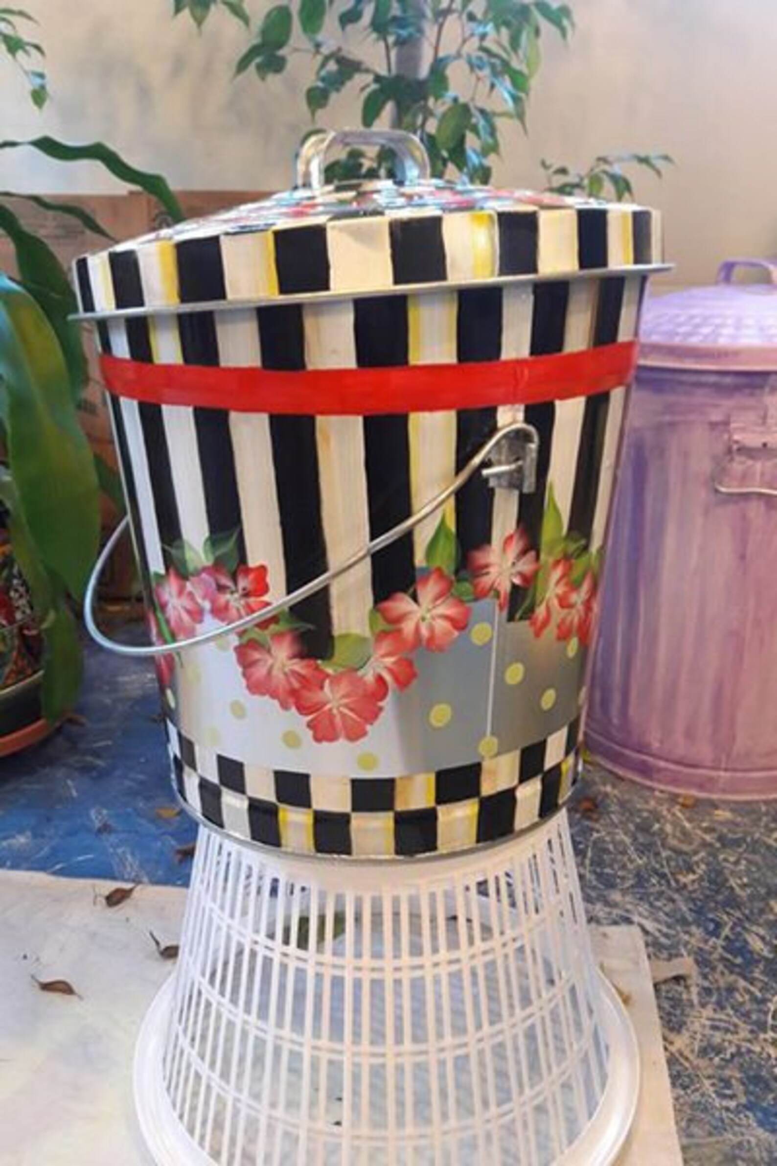Hand Painted Trash/garbage Can - 10 Gallon Galvanized W/red Stripes ...