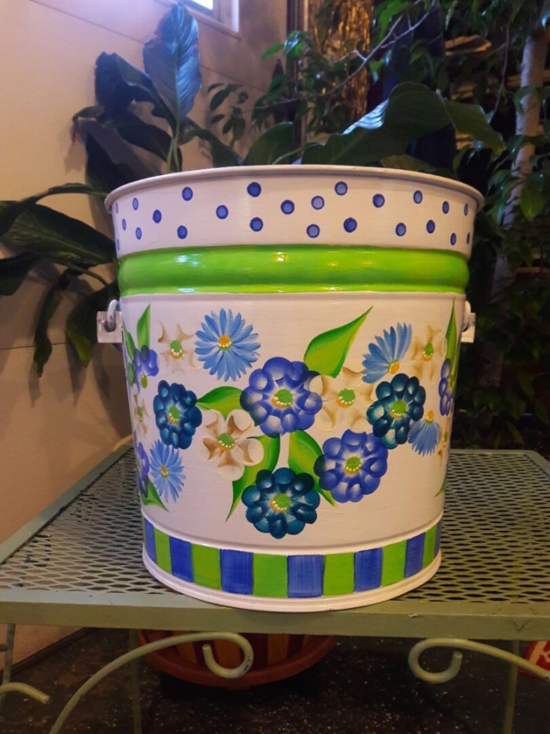 Hand Painted Trash/garbage Can - 6 Gallon Bright White W/cobalt, Ochre ...