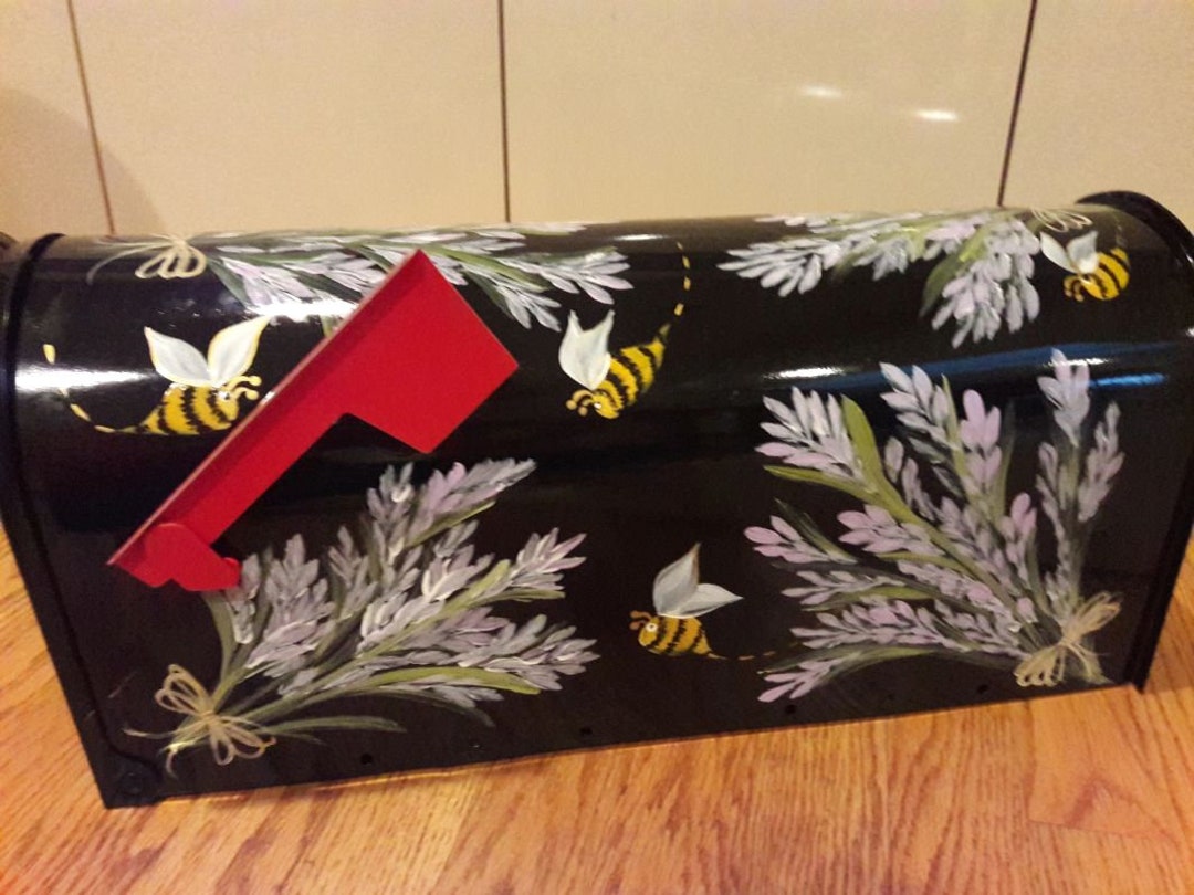 Hand Painted Mailbox - Black Background W/lavender and Bumble Bees - Etsy