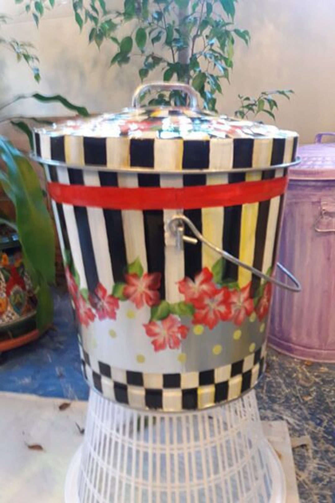 Hand Painted Trash/garbage Can - 10 Gallon Galvanized W/red Stripes ...