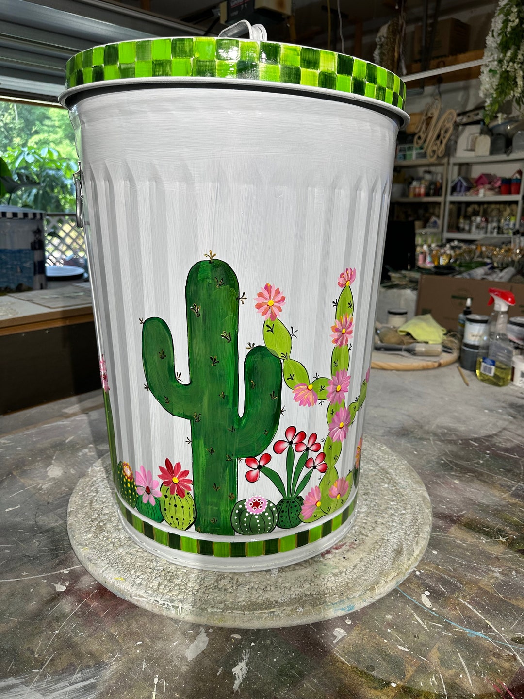 Hand Painted Trash Can - 20 Gallon - Cactus, Red and Pink Flowers - Etsy