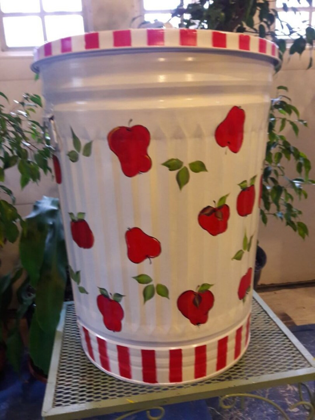 Hand Painted Trash/garbage Can - 30 Gallon Red Apples Galore, Greenery ...