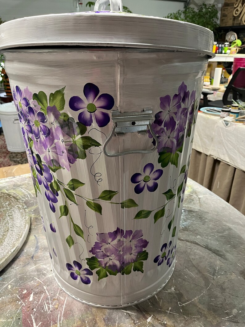 20 Gallon Hand Painted Trash/garbage Can - Vibrant Purple Floral ...