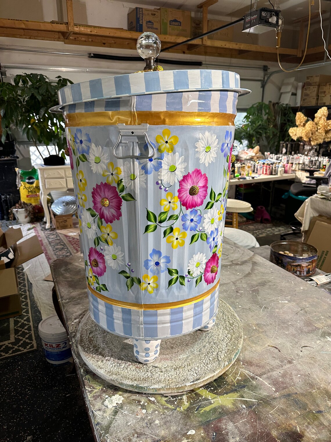 Hand Painted Trash/garbage Can 30 Gallon Floral, Dimensional Centers ...