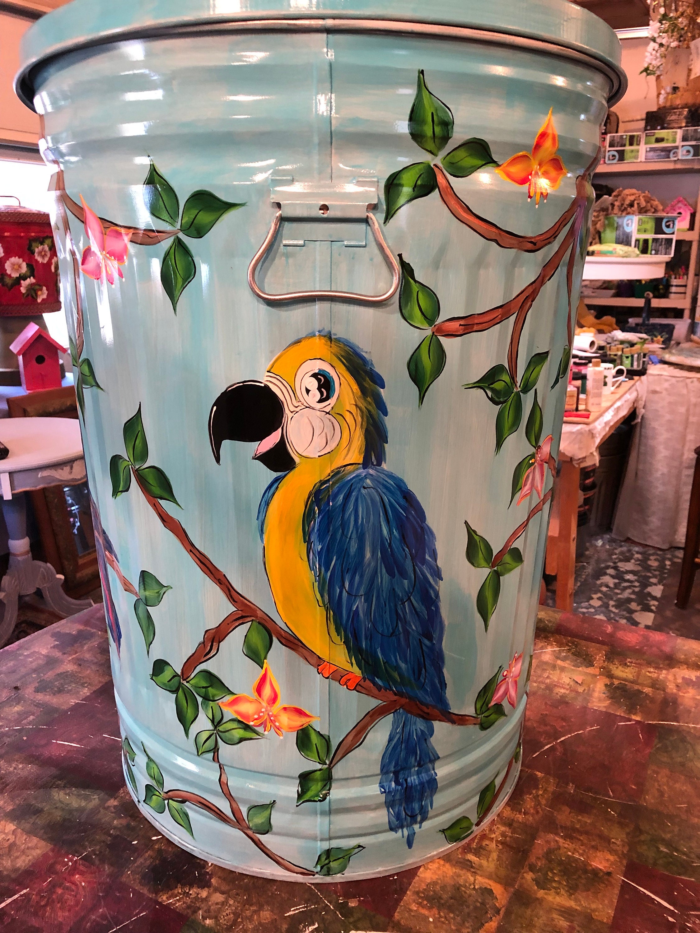 Hand Painted Trash/garbage Can - Carribean Blue With Parrots, Branches ...