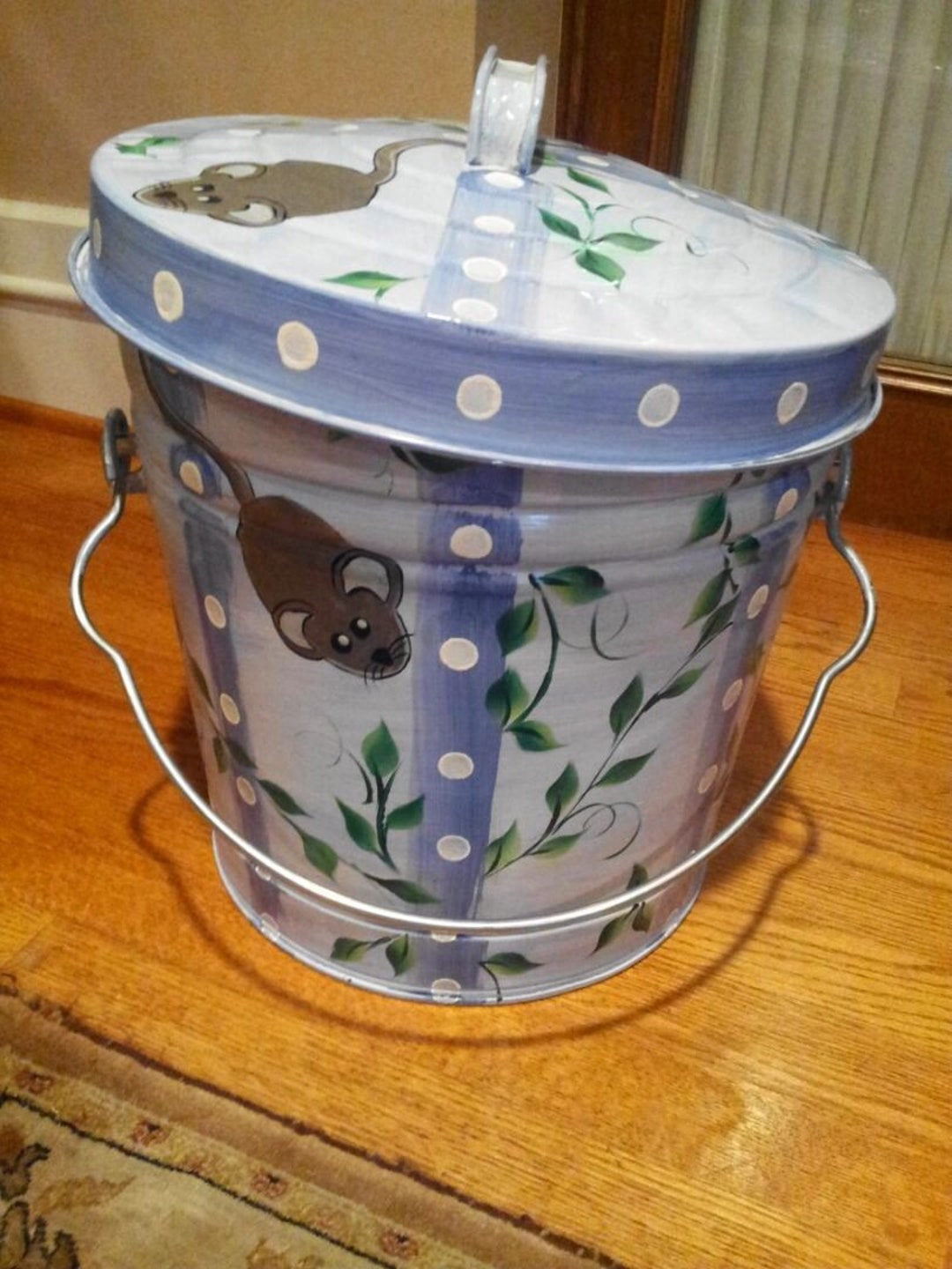 Hand Painted Trash/garbage Can - 6 Gallon Light Blue Wash, Slate Stripe ...