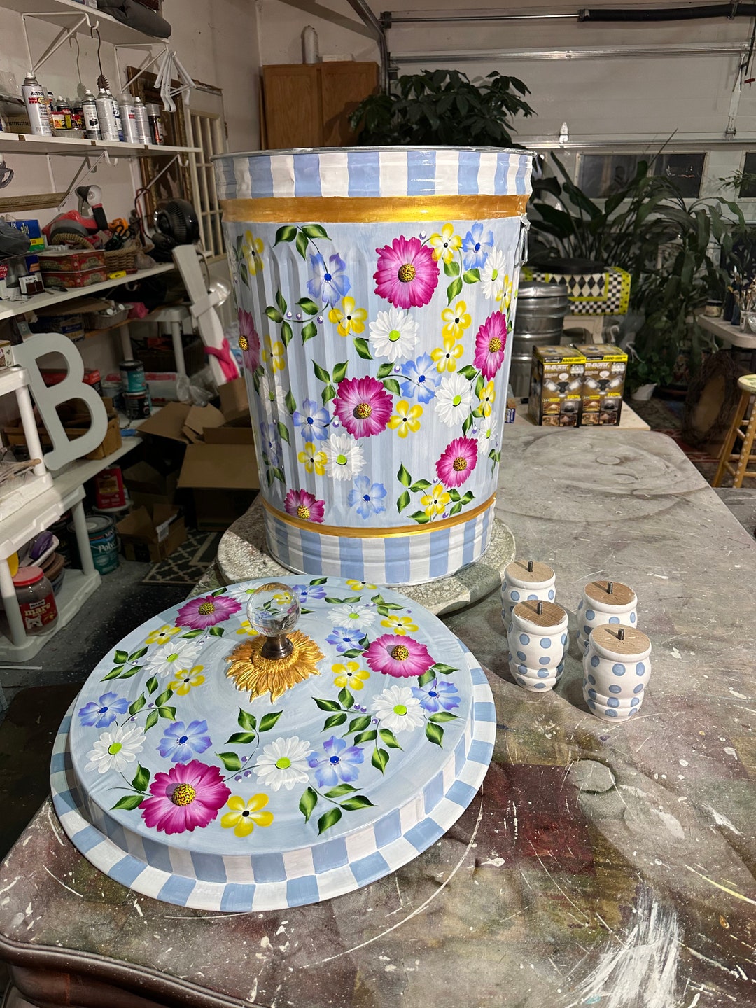 Hand Painted Trash/garbage Can - 30 Gallon - Floral, Dimensional ...