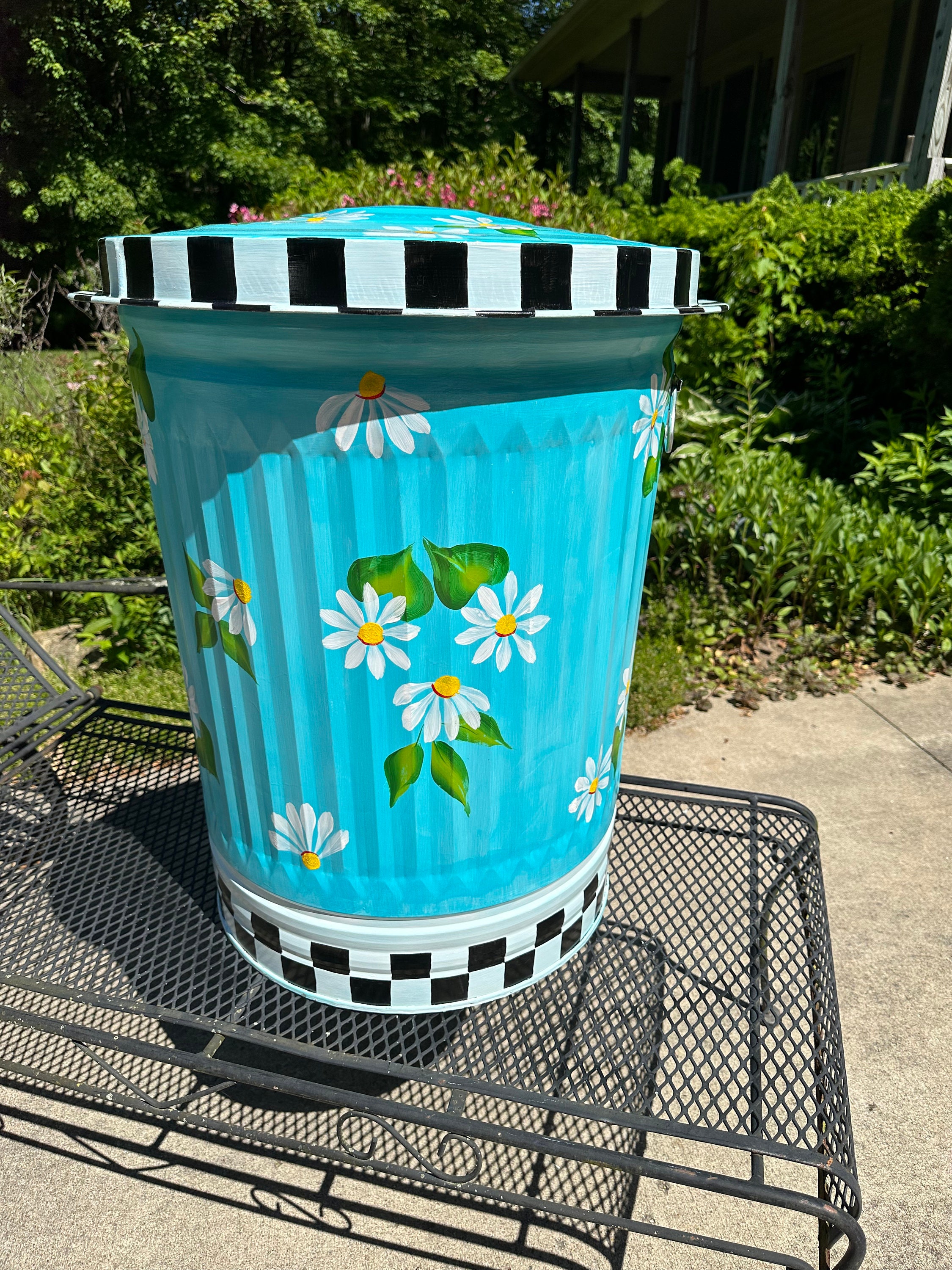 Hand Painted Trash/garbage Can - 30 Gallon Caribbean Blue, Black ...
