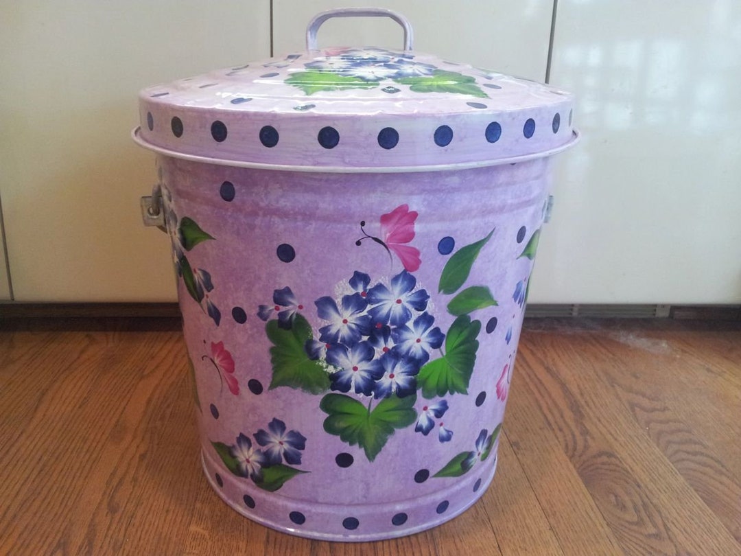 Hand Painted Trash/garbage Can - 10 Gallon Violet Wash, Purple Floral ...
