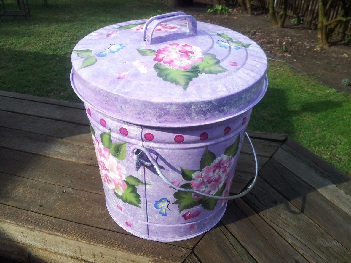 Hand Painted Trash/garbage Can 6 Gallon Purple Texture, Pink Hydrangea ...
