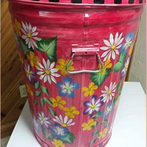 Hand Painted Trash/garbage Can - 20 Gallon Red Wash, Multi Color Floral ...
