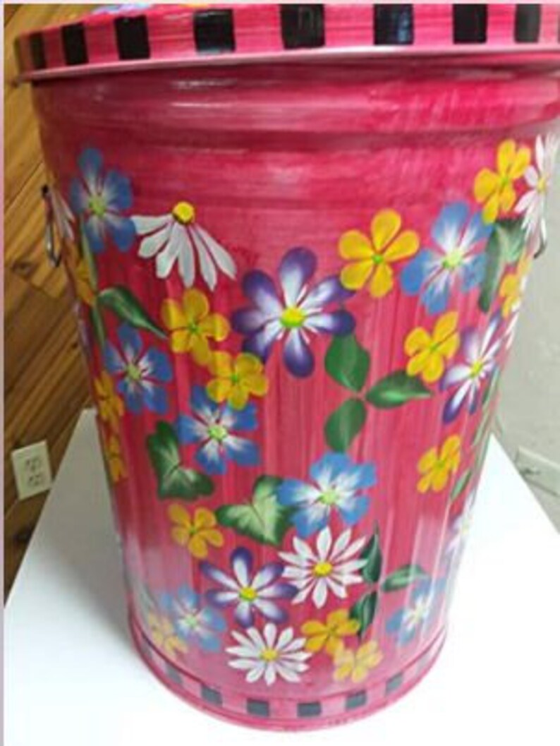 Hand Painted Trash/garbage Can - 20 Gallon Red Wash, Multi Color Floral ...