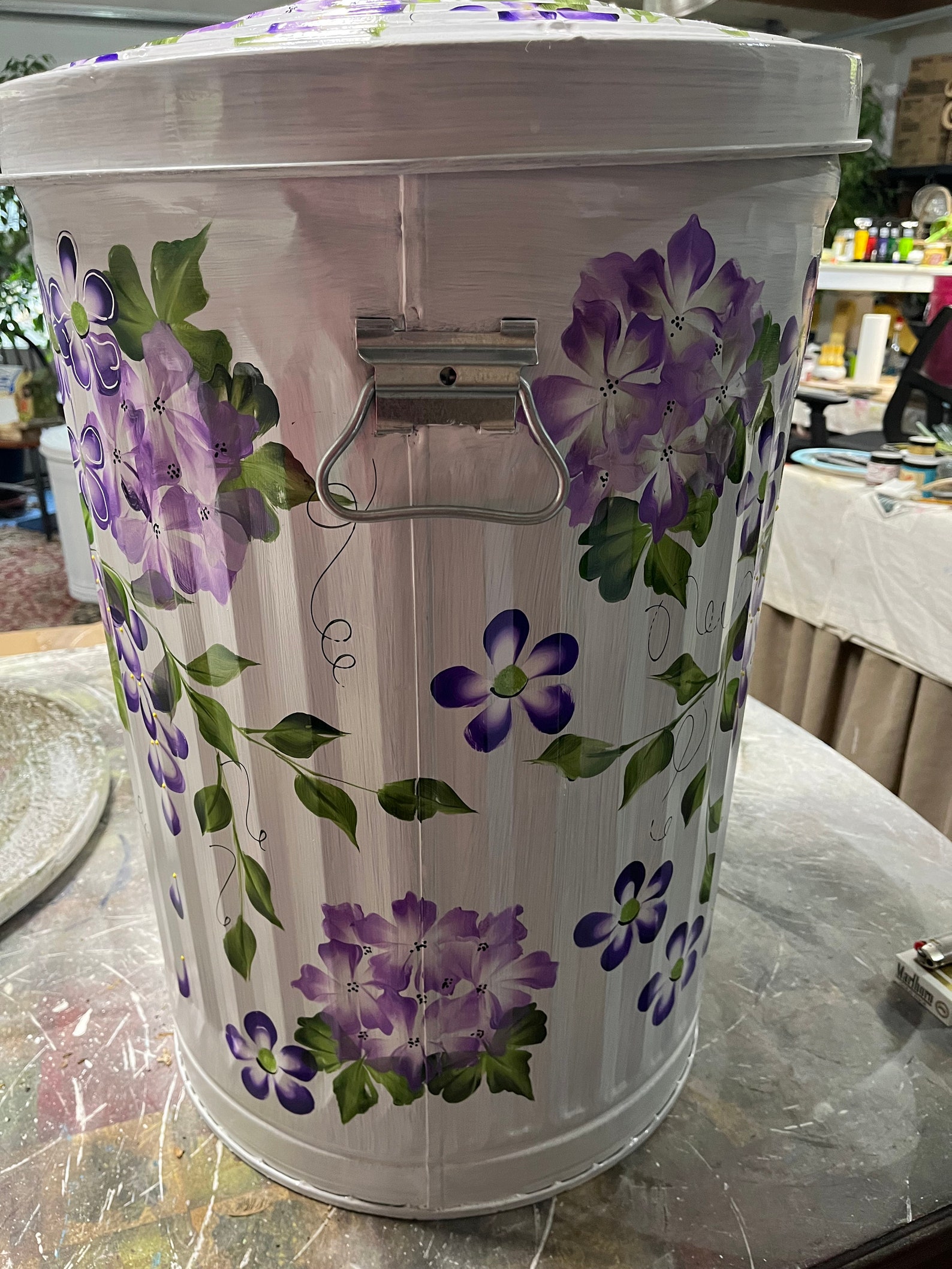 20 Gallon Hand Painted Trash/garbage Can - Vibrant Purple Floral ...