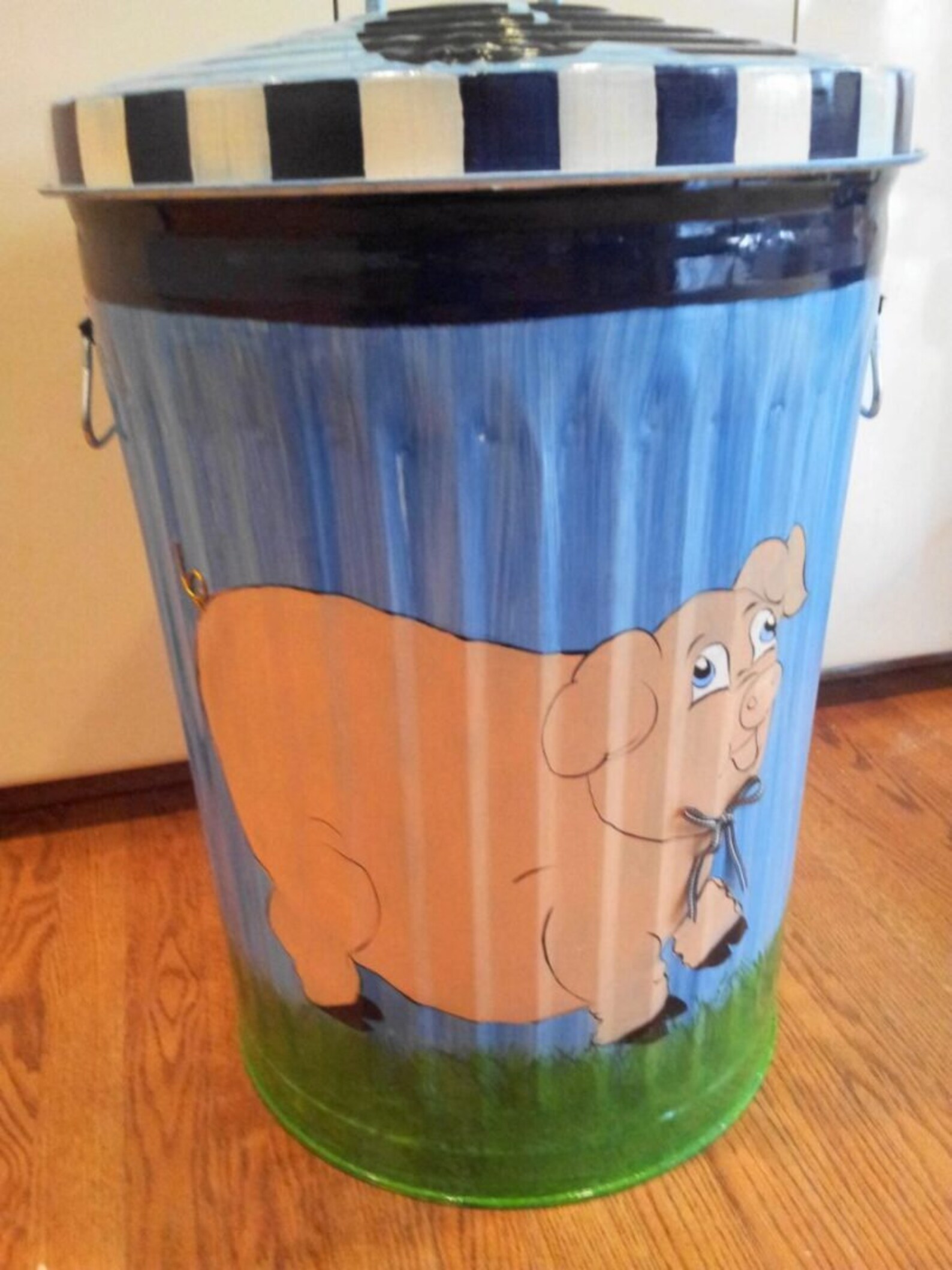 Hand Painted Trash/garbage Can - 20 Gallon Blue Sky, Grass and Porky ...