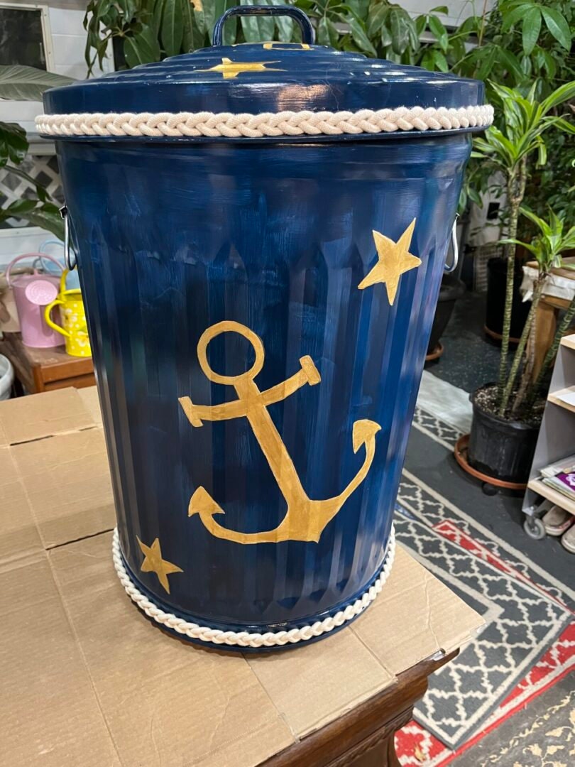 Hand Painted Trash/garbage Can - 20 Gallon Nautical - Gold Anchors ...