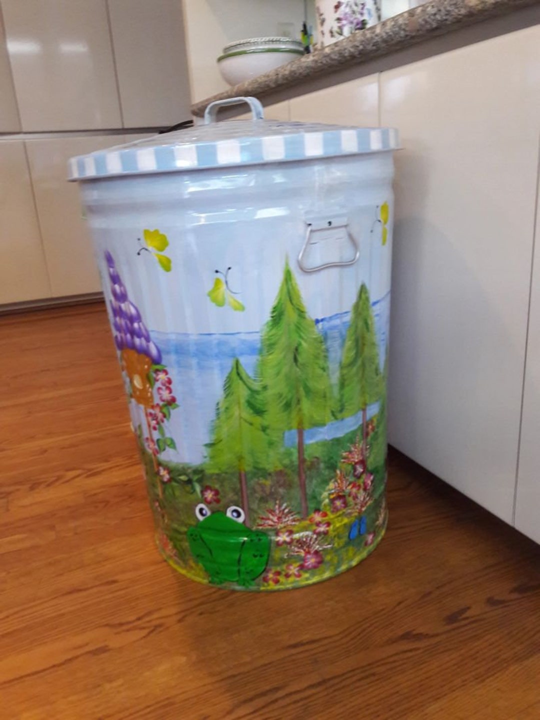 Hand Painted Trash/garbage Can - 20 Gallon, Trees, Water, Birdhouse ...