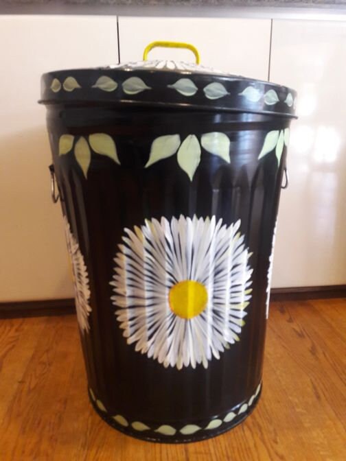 Hand Painted Trash/garbage Can - 20 Gallon Pure Black With Large White ...