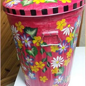 Hand Painted Trash/garbage Can - 20 Gallon Red Wash, Multi Color Floral ...
