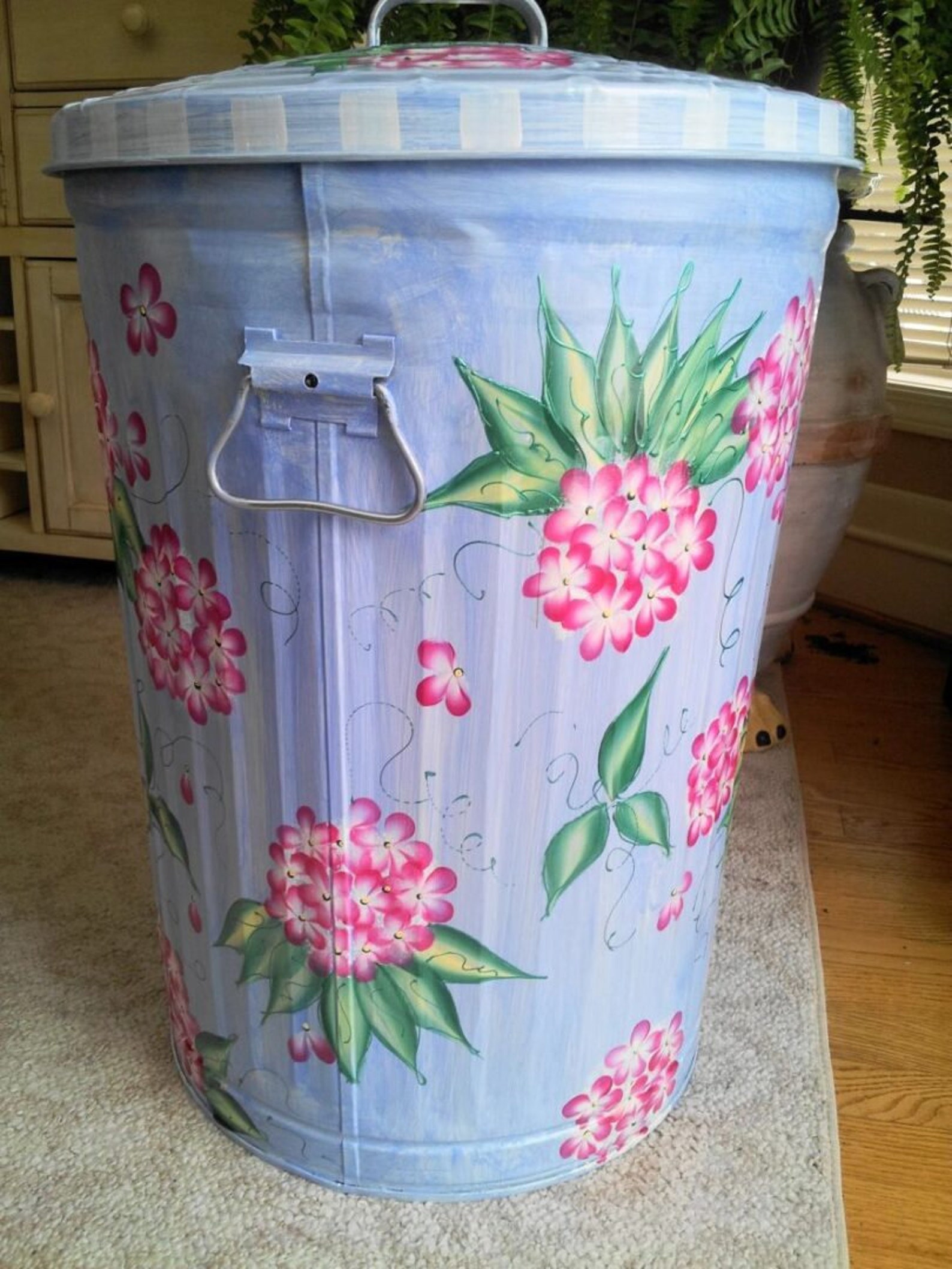 Hand Painted Trash/garbage Can - 20 Gallon Blue Belle Wash, Magenta ...