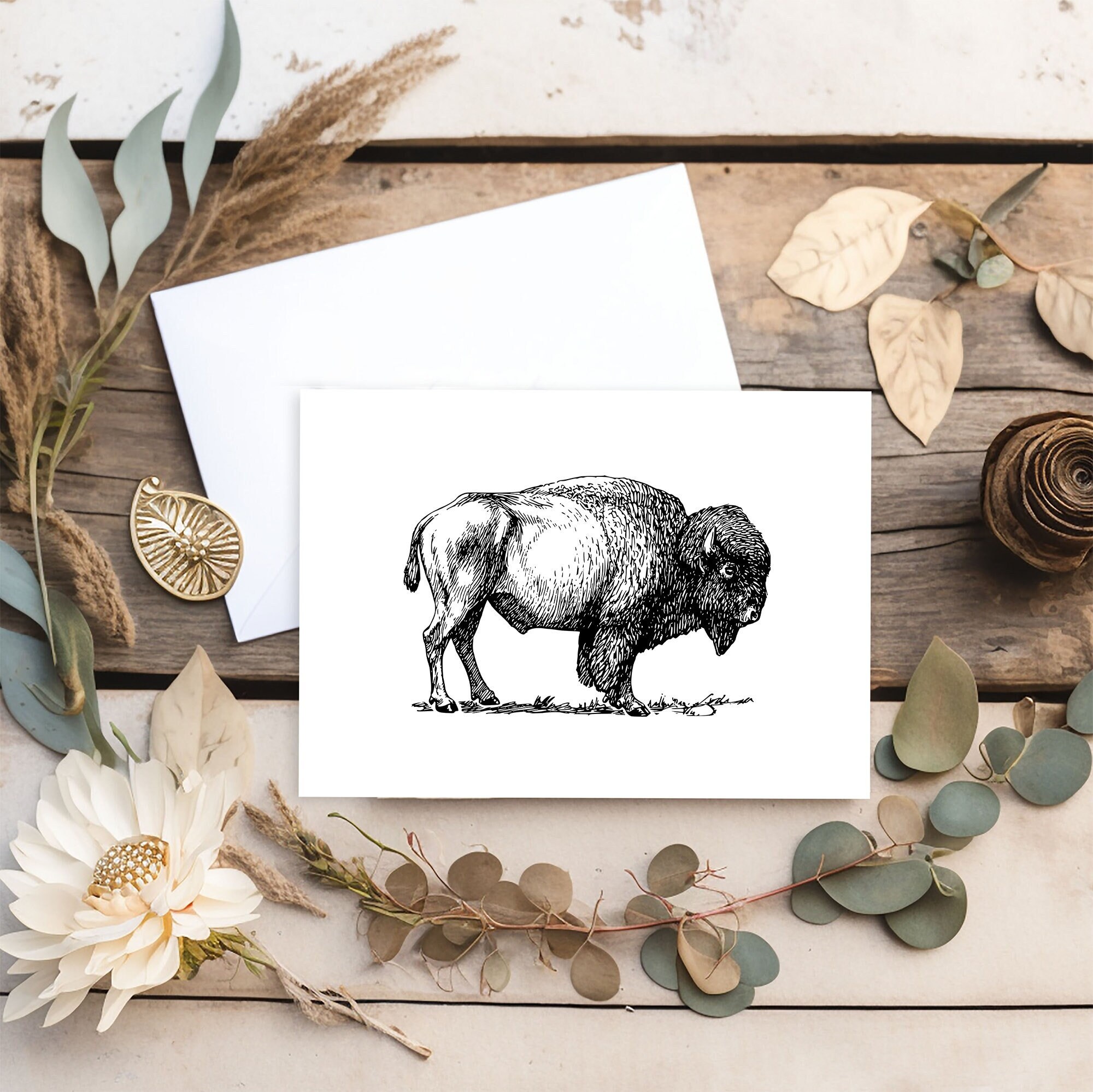 Buffalo Cards, Minimalist Bison Folded Note Cards, Set of 10 Blank Note ...