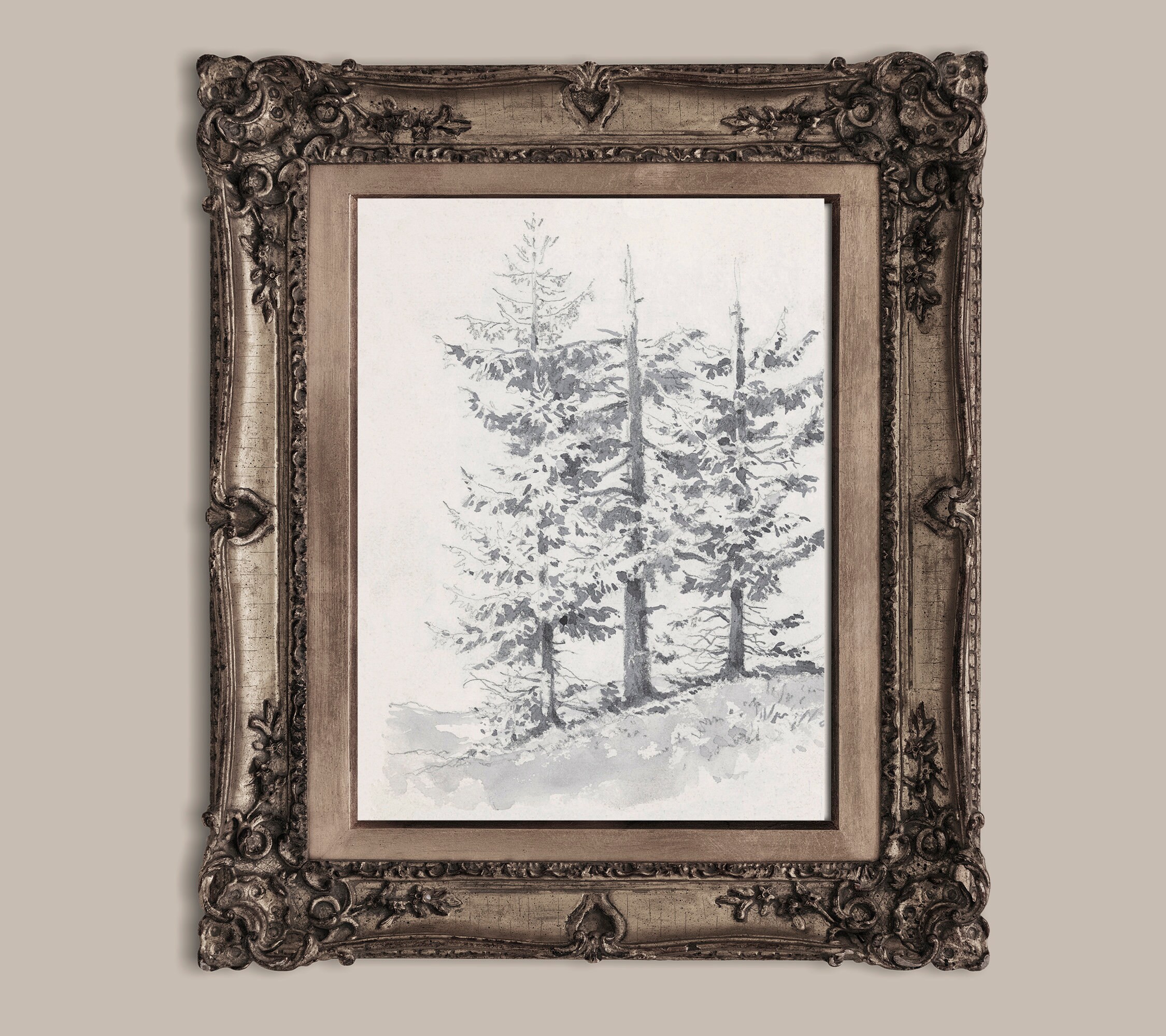 Neutral Tree Sketch, Vintage Pine Tree Drawing Print, Rustic Farmhouse ...